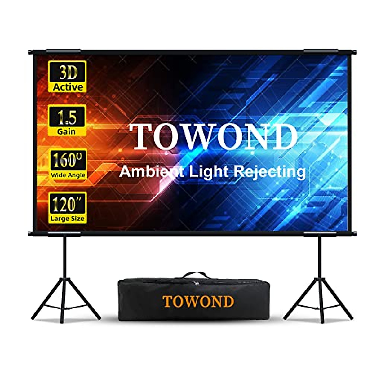 Projector Screen and Stand,TOWOND 120 inch Ambient Light Rejecting Screen Outdoor Indoor,Portable 16:9 4K HD Front Anti-Wrinkle Movie Screen with Carry Bag for Home Theater Backyard Cinema