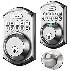 Fingerprint Door Lock Set - TEEHO Keyless Entry Door Lock with Handle - Door Knob with Keypad Deadbolt - Smart Locks for Front Door - Auto Lock - No Need App - Easy Installation - Satin Nickel