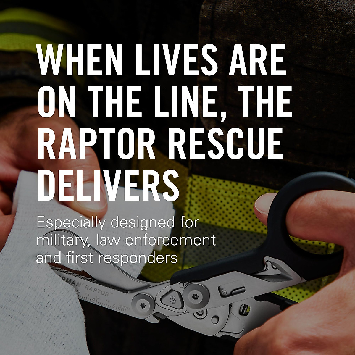 LEATHERMAN, Raptor Rescue, 6-in-1 Heavy-Duty Emergency/Trauma Shears with Carbide Glass Breaker & Strap Cutter, Made in the USA, Utility Holster Included, Tan, With Utility Holster