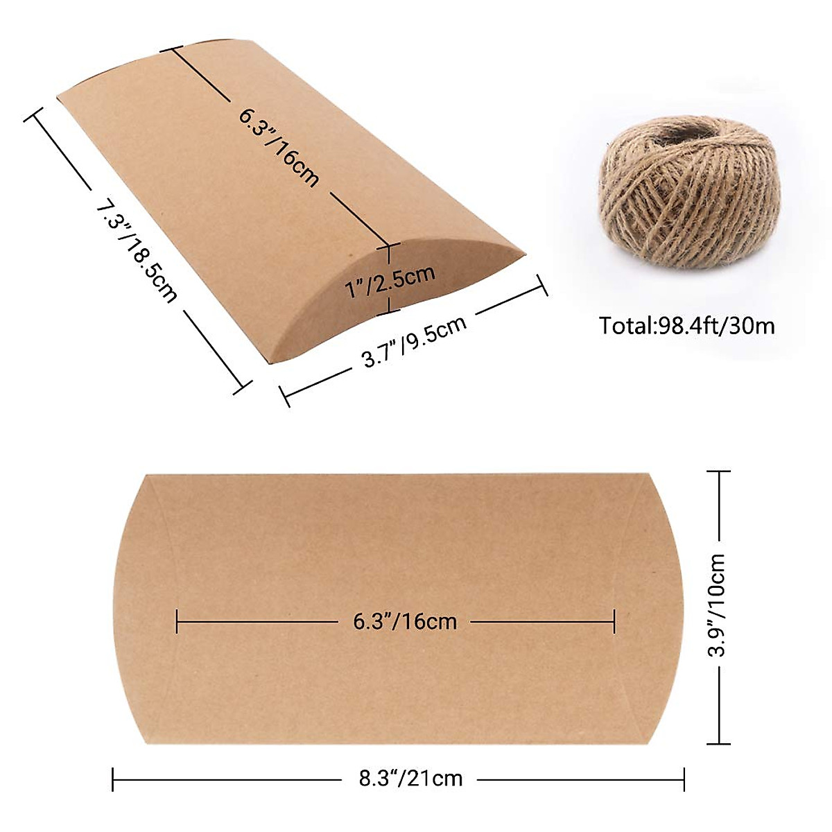 CEWOR Kraft Pillow Box 50pcs, 6.3×3.7 Inches Gift Boxes with 100 Feet Jute Twines, Paper Gift Box for Jewelry, Candy Gift Packaging, Wedding Present and Birthday Party Favor