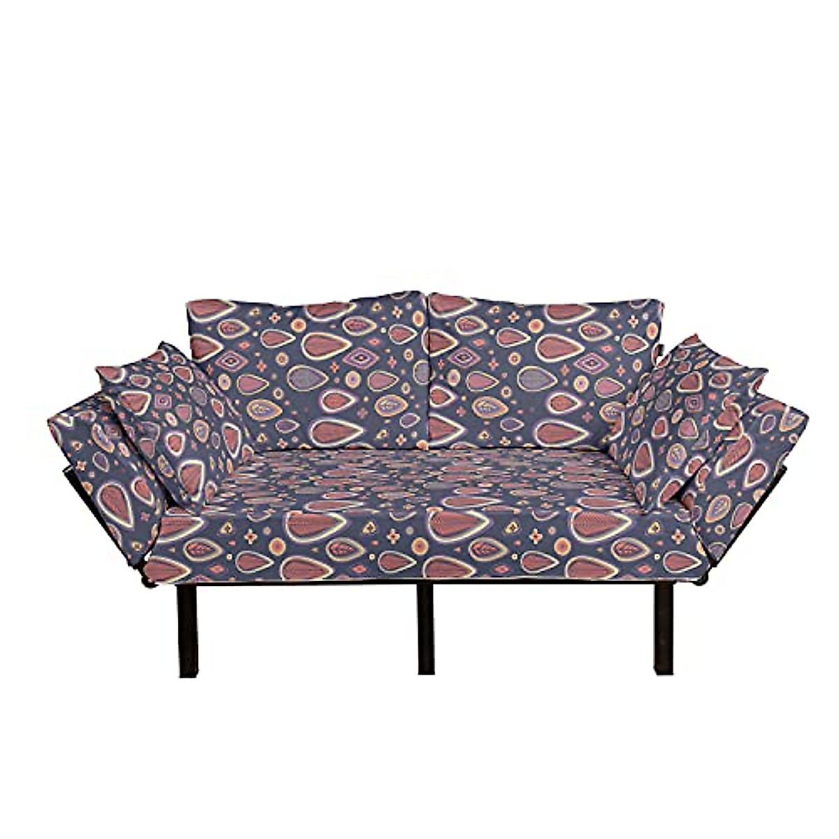 Lunarable Modern Futon Couch, Wooden Floral Backdrops with Geometric Circles Shapes Print, Daybed with Metal Frame Upholstered Sofa for Living Dorm, Loveseat, Warm Taupe Dried Rose