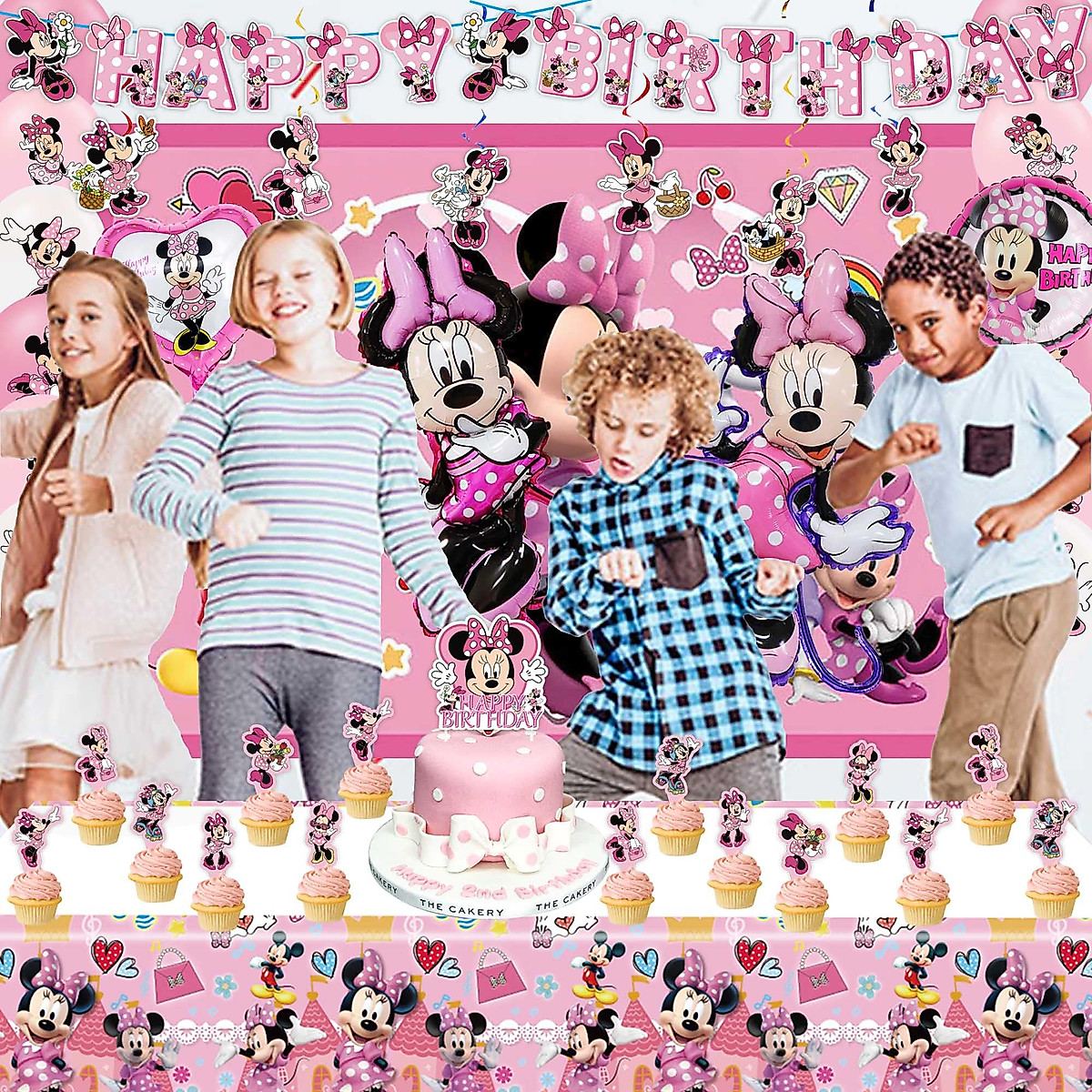 Pink Mouse Birthday Party Supplies, Pink Mouse Birthday Party Decorations Include Banner, Backdrop, Hanging Swirls, Foil Balloons, Cake Toppers, Tablecloth, Pink Mouse Girls Party Favors