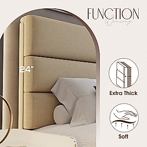 WEEWAY Queen Bed Frame Platform Bed with Linen Fabric Upholstered Headboard and Wooden Slats Support, Heavy Duty Mattress Foundation, No Box Spring Needed, Easy Assembly, Beige