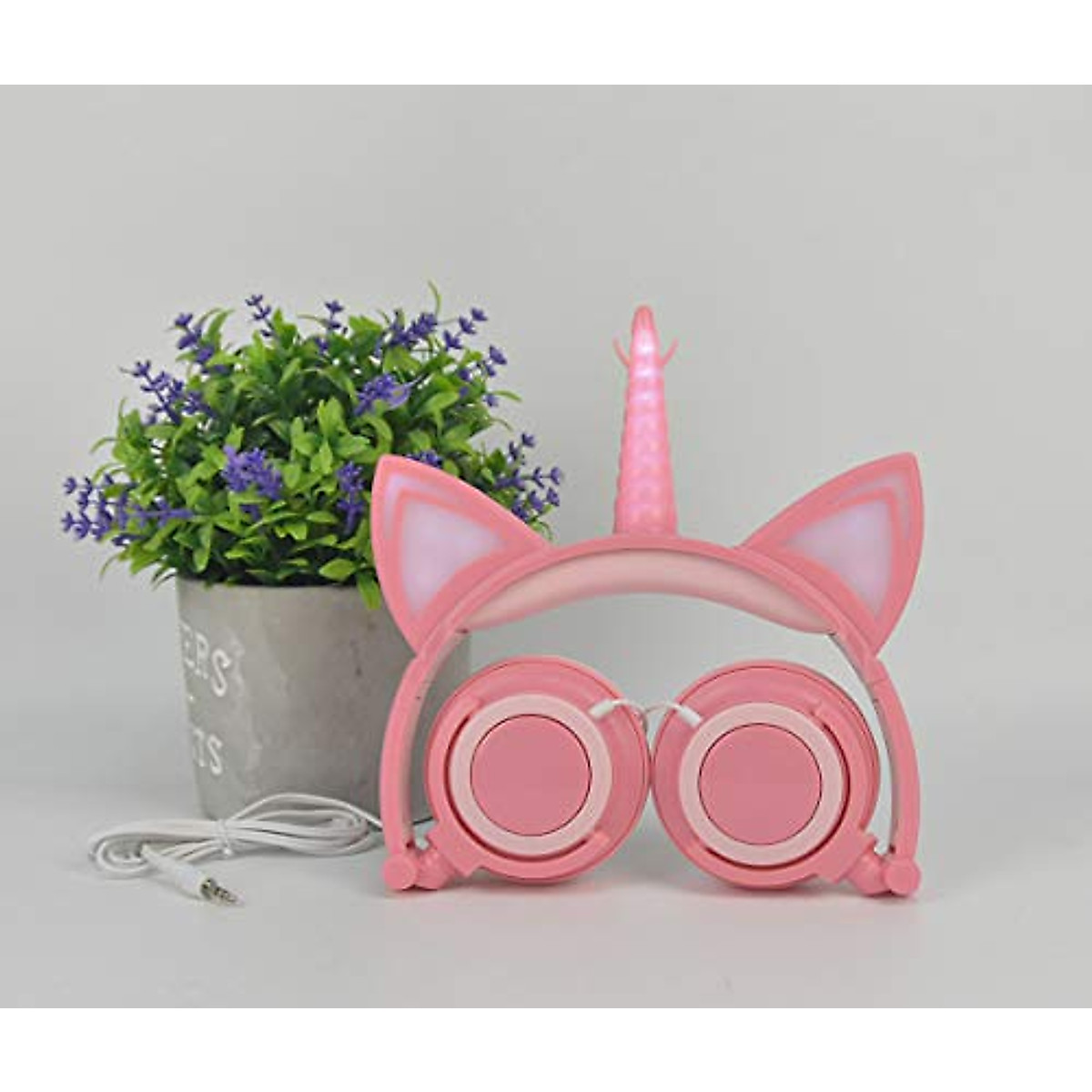 Olyre Cartoon Cute Headphones Wired 3.5mm Jack Light Up Flashing LED Unicorn Headphones Folding Adjustable On Ear Earphones for Women Girls Boys Children Kids Toddler School Birthday