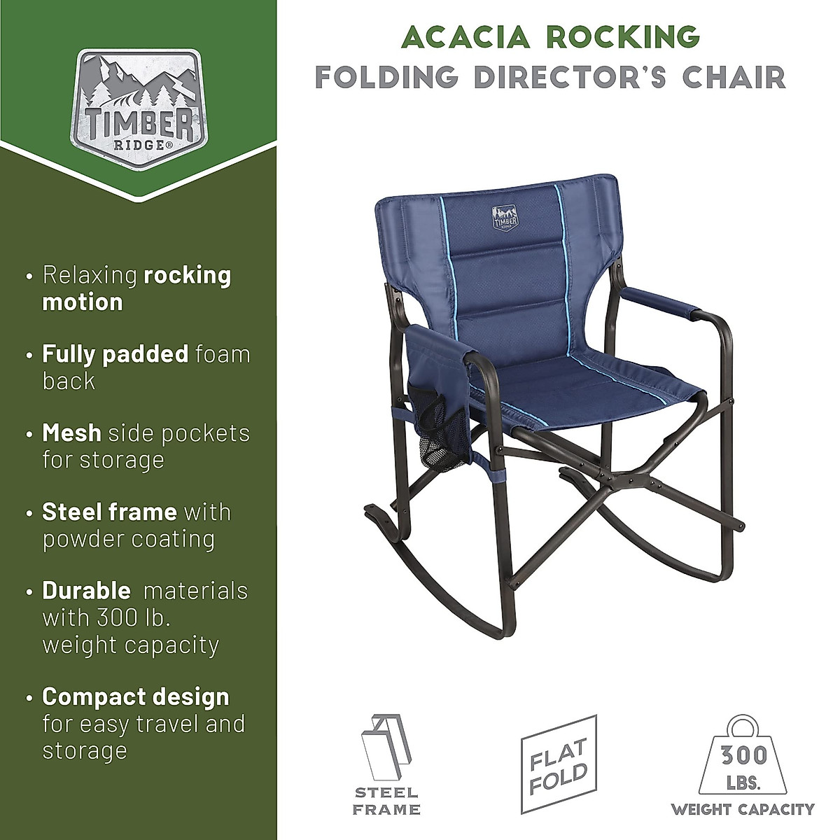 TIMBER RIDGE Outdoor Director's Mesh Side Pocket Hard Arm Folding Rocking Camping Chair, Supports 300 LBS, Blue