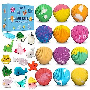 Bath Bombs for Kids with Surprise Toys Inside, 12 Pack Shell Kids Bath Bombs Gift Set for Girls Boys Birthday, Easter, Christmas, Halloween, Handmade Organic Bath Fizzy Bomb with Sea Animal for Child