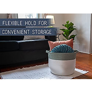 Nat & Jules 12 inch Flexible Woven Fabric Storage Basket: Organize Your Home Office, Linen Closet, Living Room Open Storage, or Soft Flexible Container, Two Tone Cream and Sage Green
