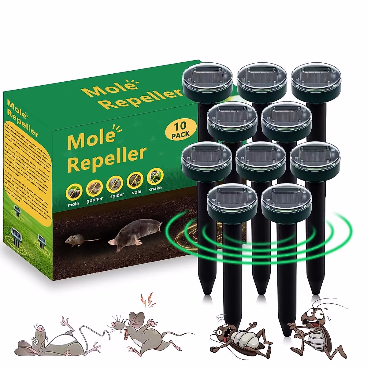 10pk Mole Upgrade Solar Repellent Outdoor for Lawns Gopher Repellent Ultrasonic Powered Mole Repellent Deterrent Snake Repeller Mole Repellent Lawns Yard Garden