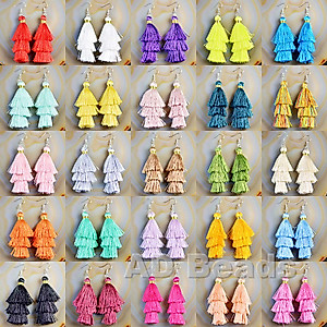 AD Beads Fashion Charm Crystal Silk Tassel 3 Layers Fan Fringe Dangle Earrings (16 Royal Blue)