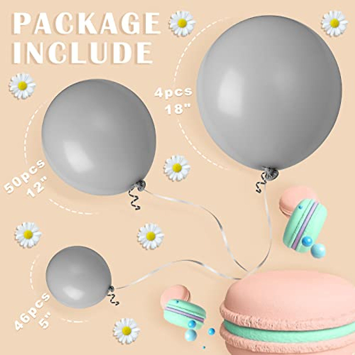 MOMOHOO Pastel Gray Balloons Garland - 100Pcs 18/12/5 Inch Pastel Grey Balloons Different Sizes, Macaron Grey Latex Balloons Arch Kit for Wedding, Matte Gray Balloons For Anniversary/Baby Shower Decor