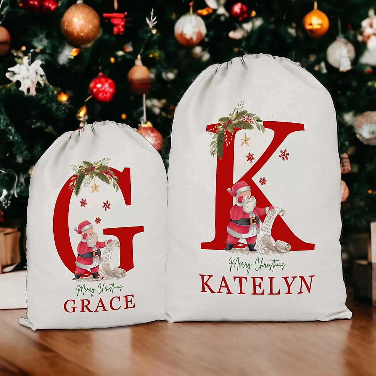 Personalized Santa Sack with Initial & Name for Kids Custom Christmas Gift Bags for Holiday Presents, Christmas Eve Box Large Sack Bags