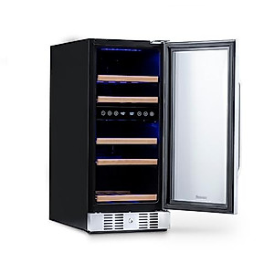 NewAir 15" Built-in or Freestanding 29 Bottle Dual Temperature Zone Wine Fridge, Quiet Operation Wine Cooler with Beech Wood Shelves, Stainless Steel Wine Cellar for Red, White, and Sparkling Wine