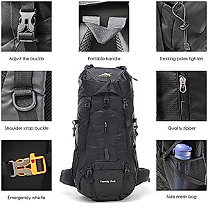 WintMing 75L Hiking Backpack with Rain Cover Waterproof Camping Backpack Shoes Warehouse for Men Women, Frameless (black)