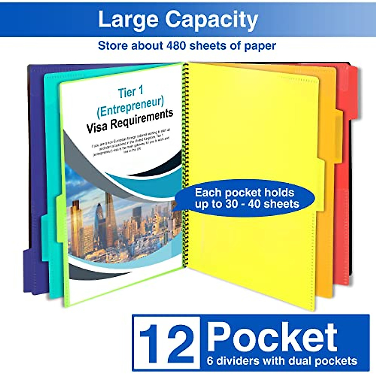 12 Pocket Project Organizer, Forvencer 1/6-cut Tab Binder Organizer with Sticky Labels, Multi Pocket Folder with Zipper Pouch, Folder Binder Spiral Pocket Organizer Folder Notebook, Letter Size, Black