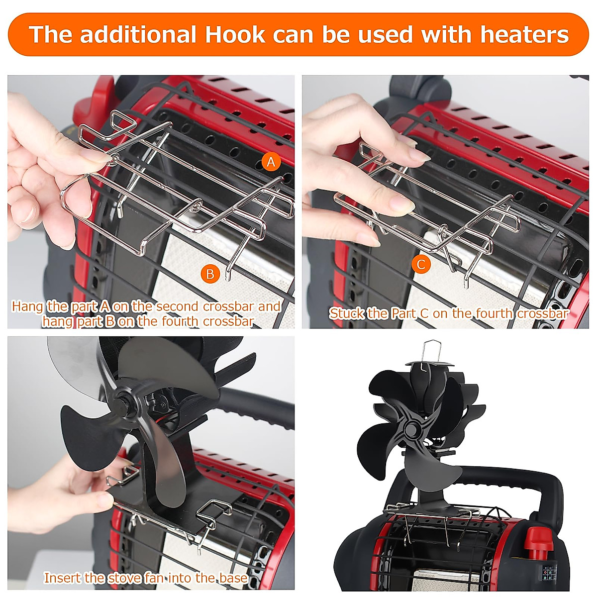 Wood Stove Fan, 4 Blade Heat Powered Fireplace Fan with Magnetic Thermometer，Stove Eco Fans for Wood Log Burner, Stove Heater Fans with Bracket Fixed on Wood Stove Accessories for Home Camping