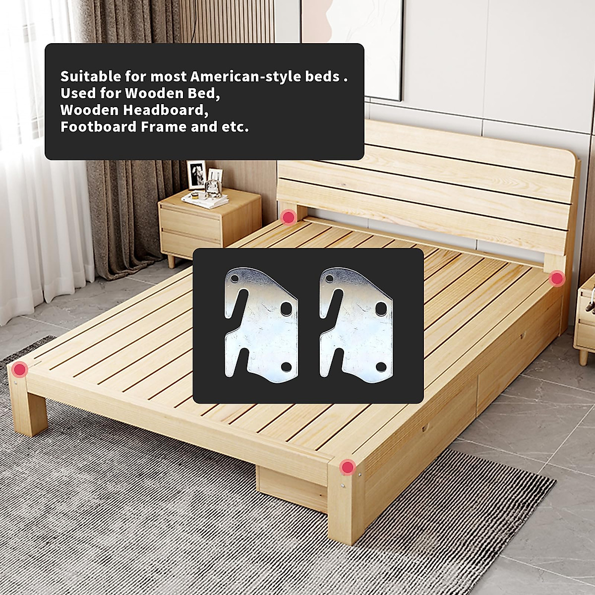 Bitray Wood Bed Plates Wood Bed Rail Hook Plates for Bed Frame Bracket Headboard Footboard Replacement - 4pcs