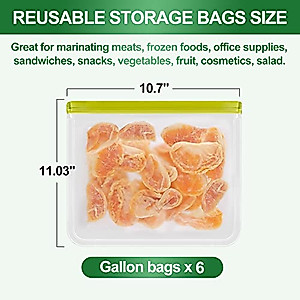 Reusable Food Storage Bags, 6 Pack Reusable Gallon Bags Seal & Leak Proof, BPA Free Reusable Freezer Bags for Travel, Marinate Meats, Fruit or food Storage