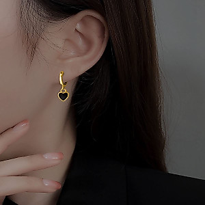 SLUYNZ Sterling Silver Black Heart Hoop Earrings for Women Love Heart Hoop Earrings Huggie (B-Gold)