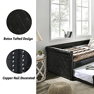 Antetek Daybed with Trundle, Twin Size Upholstered Daybed with A Trundle, Modern PU Leather Day Bed, No Box Spring Required, Sofa Bed for Bedroom, Living Room, Guest Room, Black