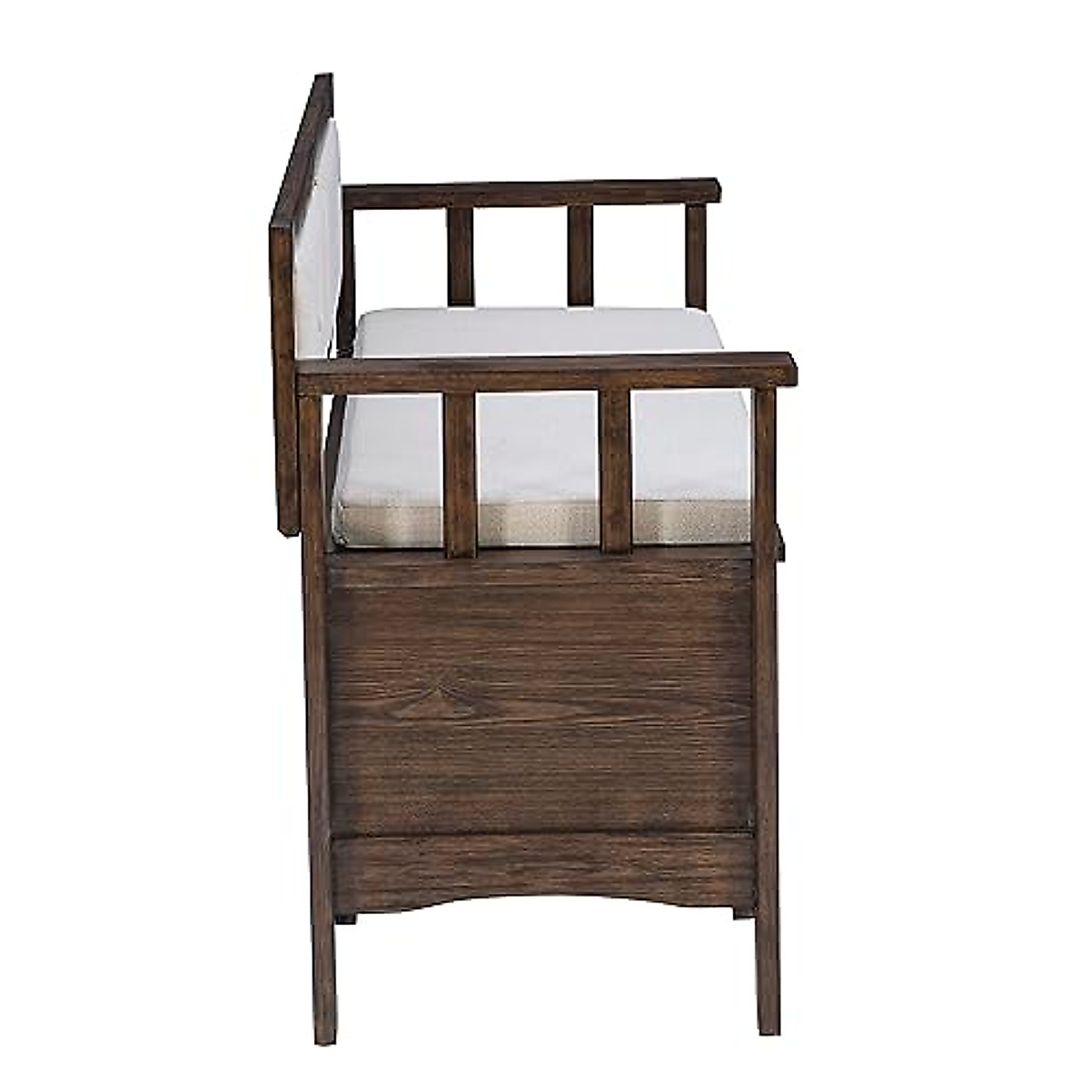 Linon Umber Brown Carlton Rustic Storage Bench with Beige Upholstered Back and Cushioned Seat