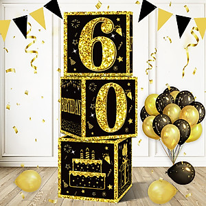 3pcs 60th Birthday Decorations Boxes for Men Women, Black Gold Happy 60 Birthday Balloons Boxes Party Supplies, 60 Year Old Bday Theme Cardboard Box Decor