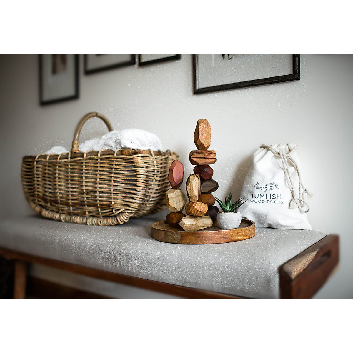 Tumi Ishi 17 Piece Wood Rock Set - Mixed Wood Species - Balancing Blocks - Natural Wood Toy - Organic Jojoba oil and Beeswax Finish - Handmade Wooden Toys - Sensory Toy - USA Made - Personalizable