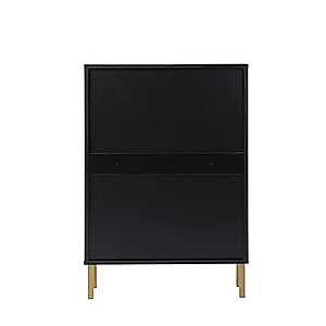 SSLine Shoe Cabinet with 2 Flip Down Storage Shelves Free-Standing Shoe Rack Modern Black Wood Shoe Storage Organizer with Unique Rattan Decor &Golden Handle for Entryway Hallway Doorway