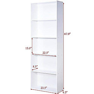 DORTALA Bookcase 5-Shelf Multi-Functional Modern Wood Storage Display Open Bookshelf for Home Office, White