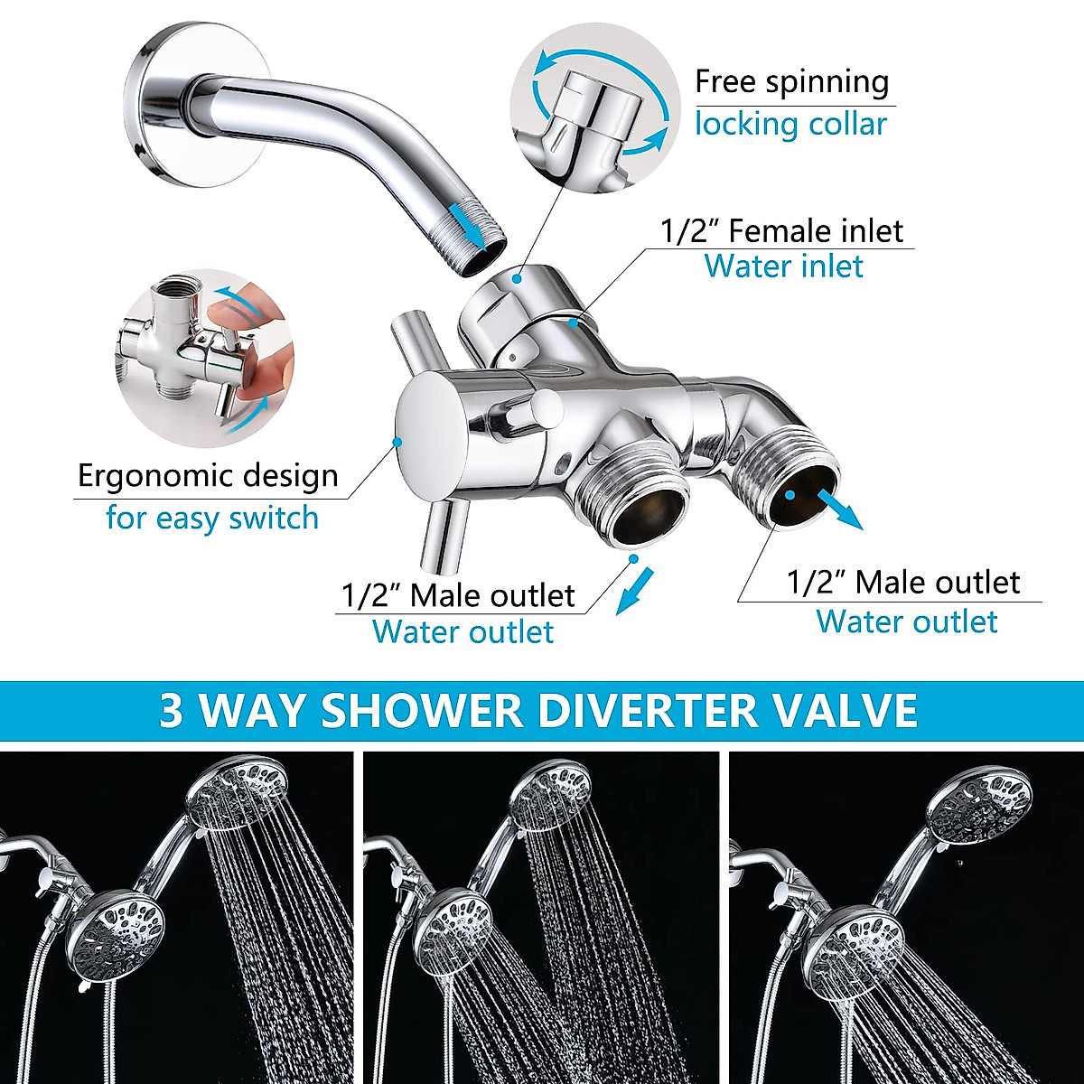 PDPBath Brass 3 Way Shower Arm Diverter Valve for Handheld Shower Head and Fixed Shower Head, G1/2 Universal Connection - Chrome