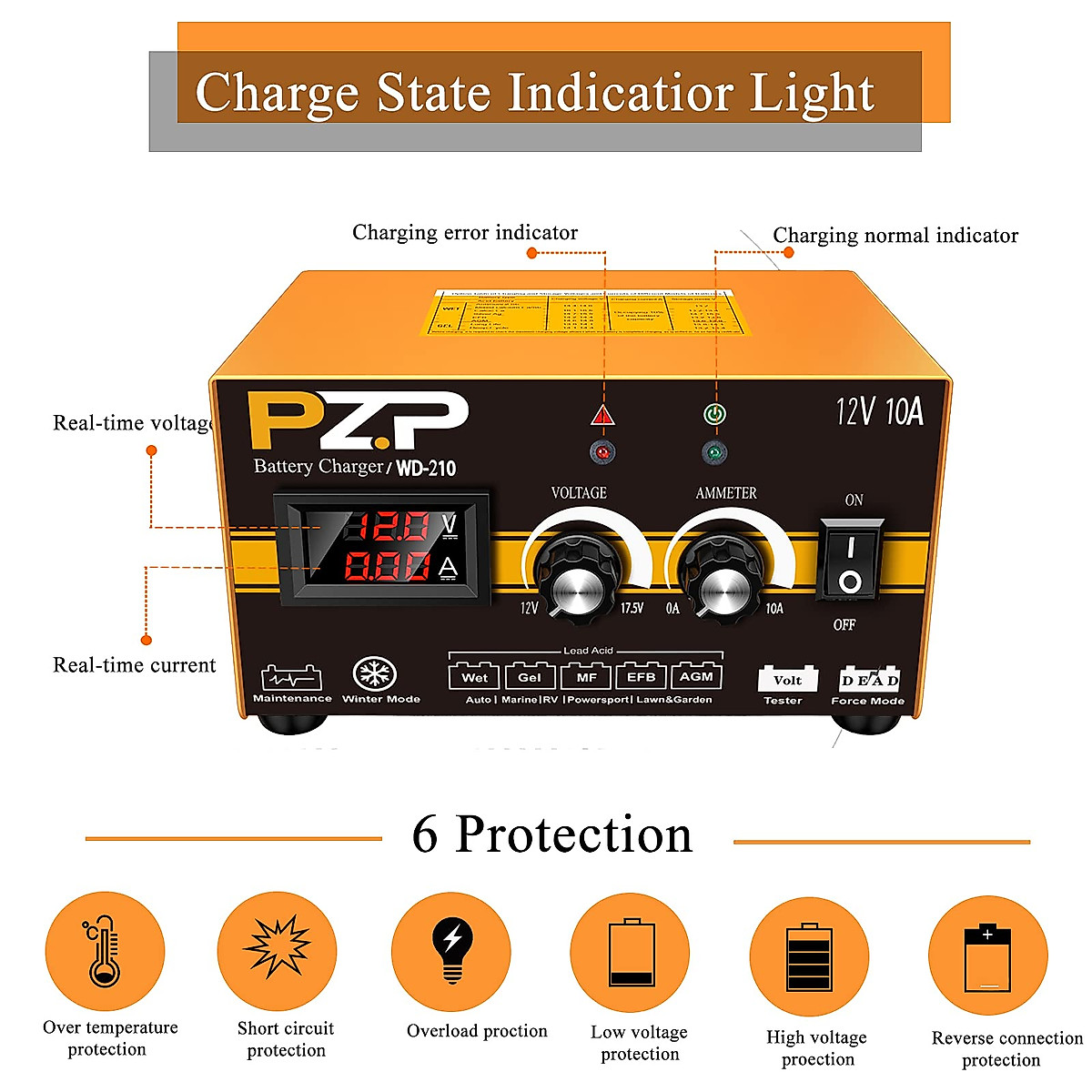 PZP 12V Manual Battery Charger Maintainer, 0 to 10A Arbitrarily Adjustable Car Battery Trickle Charger, Battery Desulfator with Repair, Winter Mode, Suitable for Lawn Mower, AGM, Deep Cycle Batteries