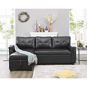 Naomi Home Jenny Sectional Sofa Sleeper with Storage Chaise, Tufted Pull Out Couch with Storage, Sectional Sofa Bed, L-Shaped Reversible Sleeper Sofa with Storage, Black,Air Leather
