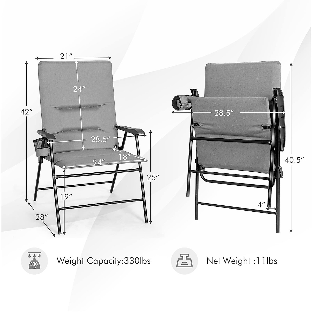 Tangkula Patio Chairs Folding Set of 2, No Assembly High Back Cushioned Heavy Duty Steel Frame Outdoor Chair with Cup Holder, Supports up to 330lbs, for Camping, Lawn, Garden, Yard, Picnic (Grey)