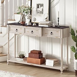 Merax Long Wood Console Table with 3 Drawers, Entryway Table with Storage Shelf, Long Sofa Table for Living Room, Beige