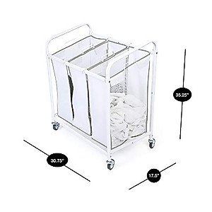 Smart Design Premium Rolling 3 Compartment Mesh Laundry Sorter Hamper w/Wheels & Handles - Steel Metal Frame - VentilAir Fabric Design - Clothes & Laundry - Home Organization (Holds 9 Loads) [White]