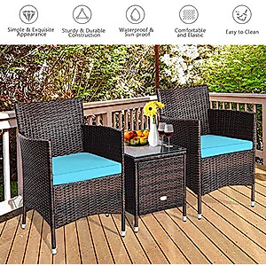 HAPPYGRILL 3-Pieces Patio Furniture Set Outdoor Rattan Wicker Conversation Set with Coffee Table Chairs & Cushions for Patio Garden Lawn Backyard Poolside