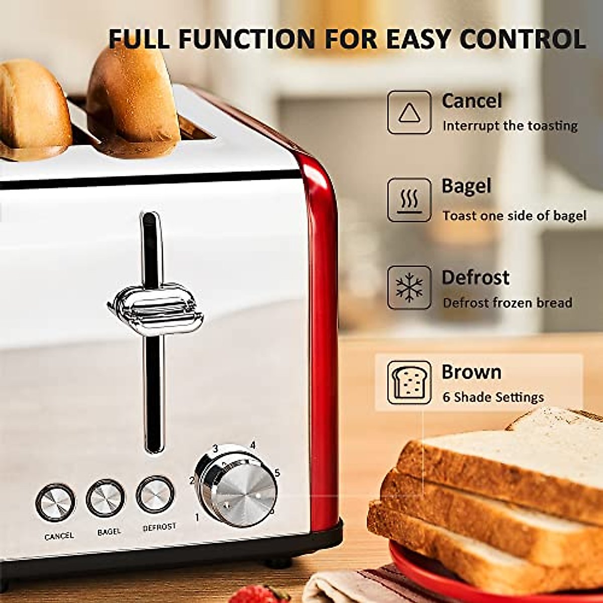 REDMOND Toaster 4 Slice Stainless Steel, Wide Slots 4 Slice Toaster with Bagel Defrost Cancel Function 6 Bread Shade Settings for Bread waffles Auto Shutoff Red