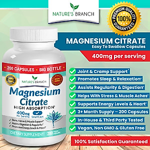 Magnesium Citrate 400mg - 200 Capsules - High Potency for Sleep, Leg Cramps, Extra Strength Absorption, Easy to Swallow Pills for Women & Men, Vegan Supplement Not Tablets - Made in USA