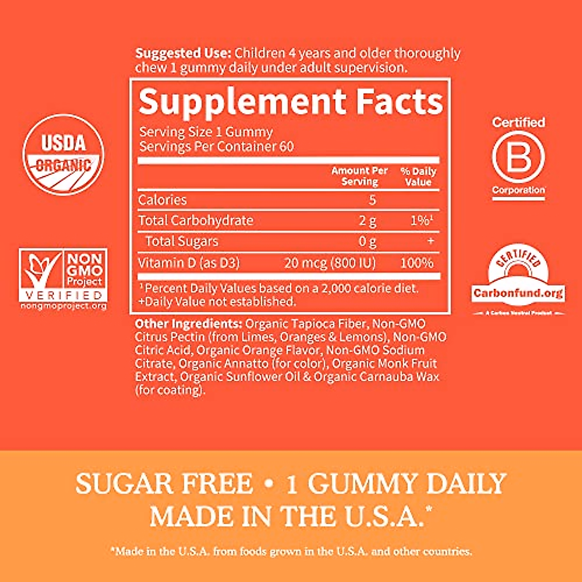 Garden of Life Kids Organic Vitamin D3 Gummies with 800 IU (100% Daily Value) for Strong Bones, Teeth, Brain & Immunity – Non-GMO, No Gluten, Vegetarian, Sugar Free, Orange Flavor, 60 Servings