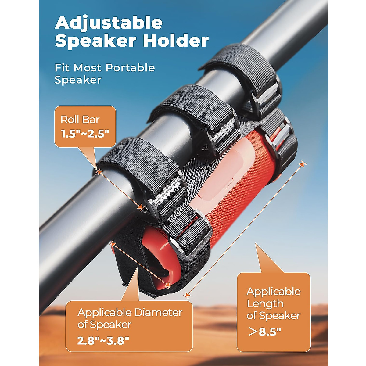 KEMIMOTO UTV Speaker Mount, Adjustable 2 Strap Style Portable Speaker Holder for 1.5" to 2.5" Roll Bar, Compatible with Polaris RZR Ranger Can Am X3 Commander Pioneer Kawasaki Mule
