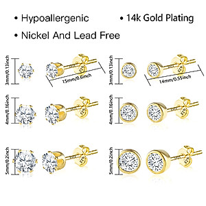 Gold Cubic Zirconia Earrings Studs for Women 14K Gold Plated Stud Earrings Set Hypoallergenic Tiny Studs for Girls（6 Pairs）