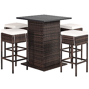 RELAX4LIFE 5-Piece Outdoor Bar Set, Wicker Rattan Bar Height Patio Set w/4 Cushion Bar Stools & Table with Hidden Storage, 5PCS Outdoor High Top Table and Chairs Set for Backyard Poolside (White)