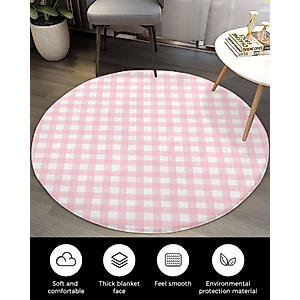 Pink Lattice Fluffy Round Area Rug Carpets 3ft, Plush Shaggy Carpet Soft Circular Rugs, Non-Slip Fuzzy Accent Floor Mat for Living Room Bedroom Nursery Home Decor Farmhouse Buffalo Plaid Checkered