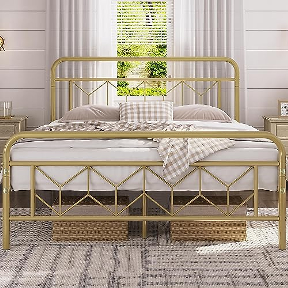 Yaheetech Metal Platform Bed Frame Mattress Foundation with Diamond Pattern Headboard/Footboard/Heavy Duty Steel Slat Support/Under Bed Storage/No Box Spring Needed/Full Size Antique Gold
