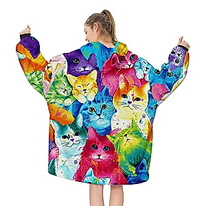 EZERILA Ink Color Cat Wearable Blanket Hoodie for Women Men Adults Teens Sherpa Fleece Oversized Hooded Sweatshirt Blanket with Pockets