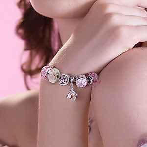 CHAWIN Jewelry Lampwork Murano Glass Beads Hawaii Garden Charm with 925 Sterling Silver Core Flower Blossom Charm Pink Charms