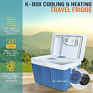 K-box Electric Cooler and Warmer with Wheels for Car and Home - 48 Quart (45 Liter) - 6 FT. EXTRA Long Cables Dual 110V AC House and 12V DC Vehicle Plugs (Blue)
