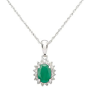 10k White Gold Oval Emerald and Diamond Halo Necklace