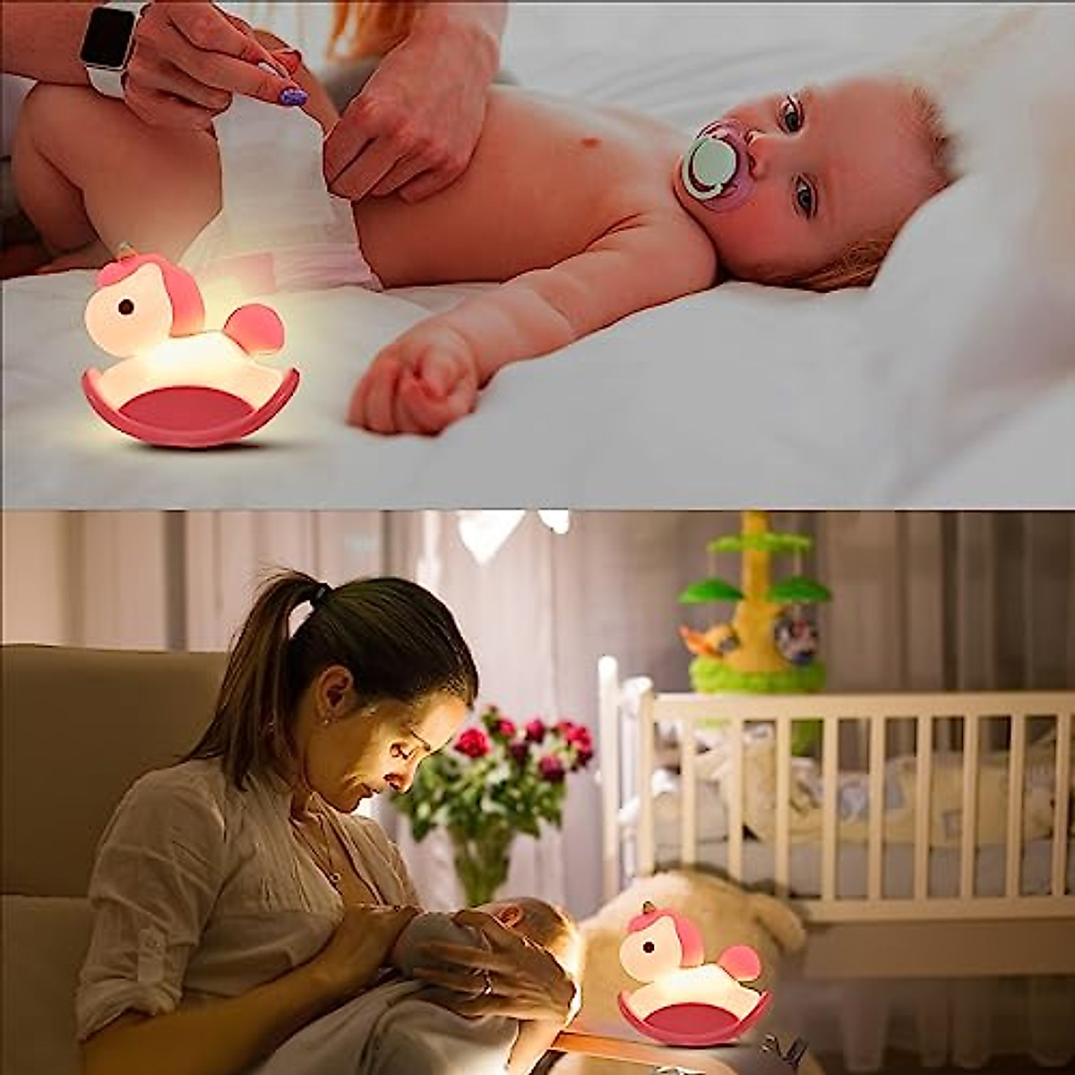 Kettalk Rocking Horse Night Light, Silicone Dimmable Nursery Nightlight LED Squishy Night Lamp with Timing,USB Rechargeable Bedside Touch Lamp for Kids Bedroom (Pink)