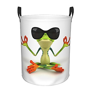 FOISIIAEA Laundry Basket,Funny Frog Wearing Glasses Bathroom Organizer Basket Waterproof Foldable Cloth Hamper with Lining for Home Storage