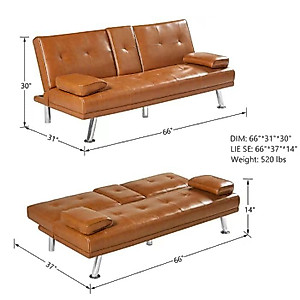 Convertible Folding Futon Sofa Bed with Metal Legs & 2 Cupholders, Modern Fabric Leather Upholstered Couch Loveseat Sleeper, Folding Couches Bed, Removable Armrests for for Small Spaces (Brown+New)